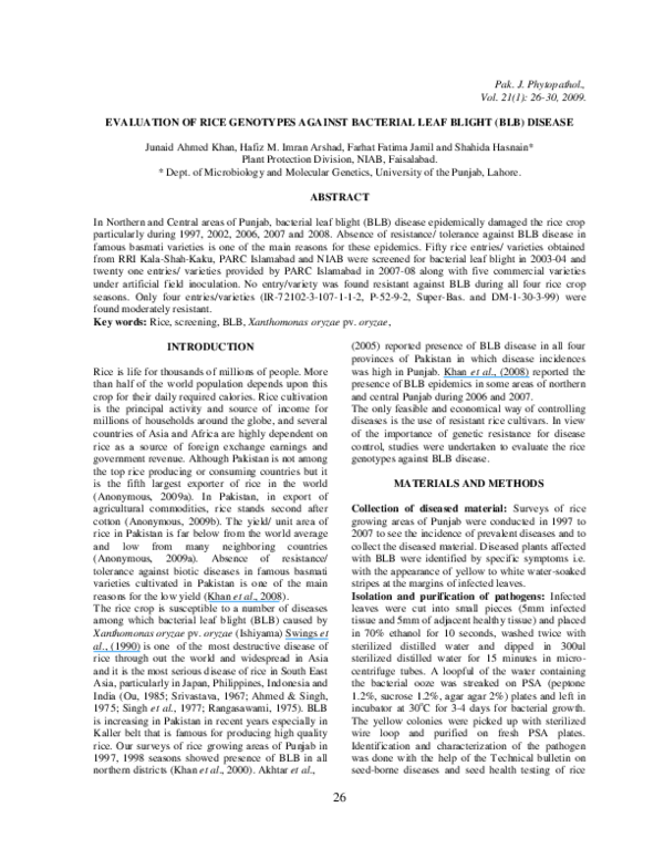 (PDF) Evaluation of rice genotypes against bacterial leaf blight (BLB ...