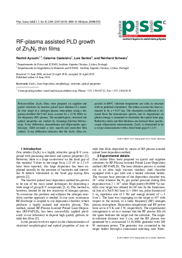(PDF) RF-plasma assisted PLD growth of Zn3N2 thin films
