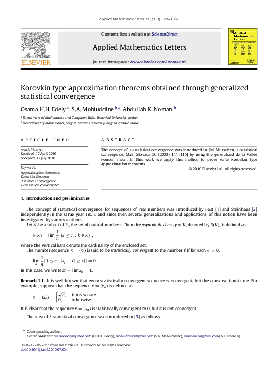 (PDF) Korovkin type approximation theorems obtained through generalized statistical convergence ...