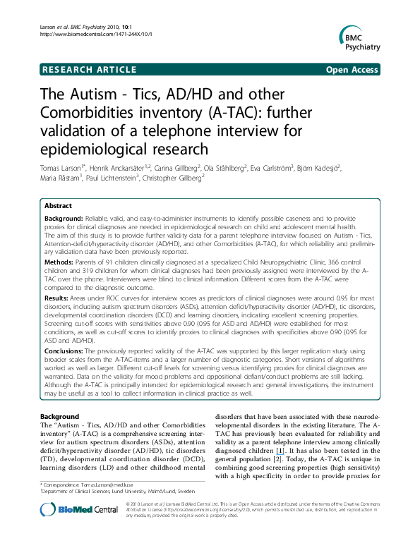 (PDF) The Autism - Tics, AD/HD and other Comorbidities inventory (A-TAC ...