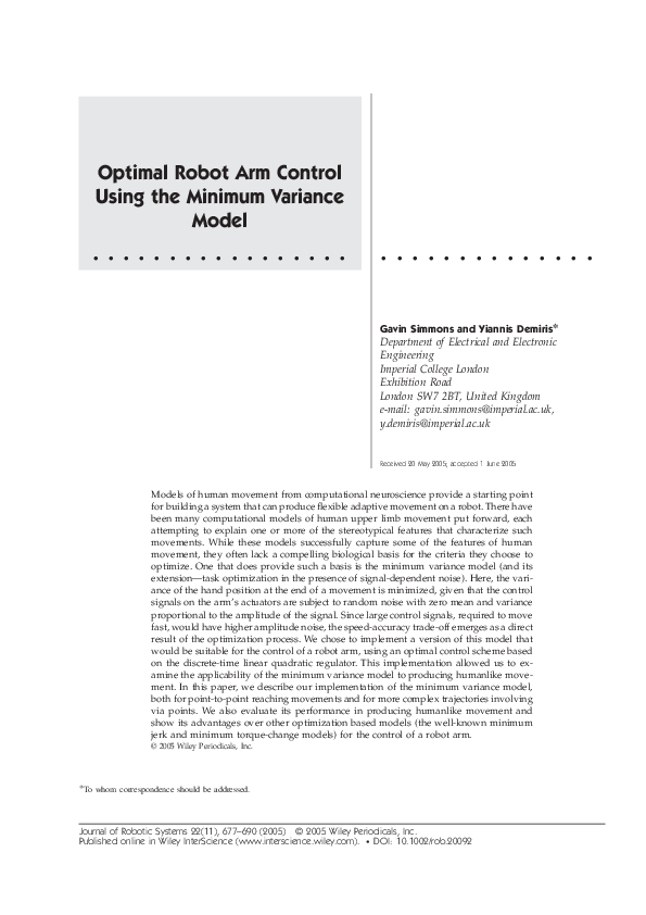 (PDF) Optimal robot arm control using the minimum variance model