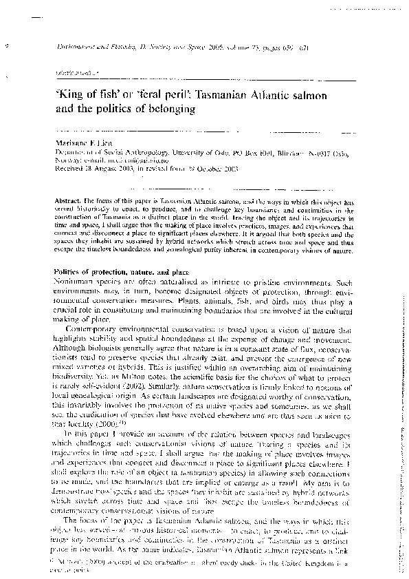 (PDF) King of fish’ or ‘feral peril’: Tasmanian Atlantic salmon and the ...