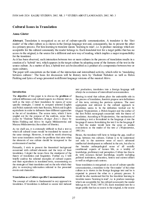 (PDF) Cultural Issues in Translation