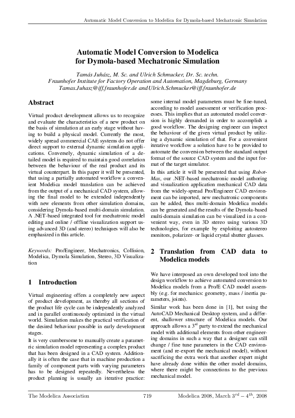 (PDF) Automatic Model Conversion to Modelica for Dymola-based Mechatronic Simulation