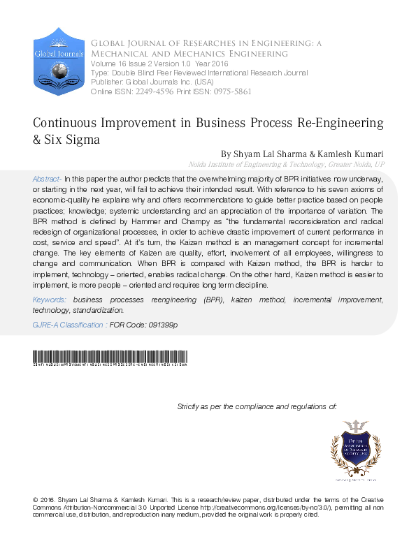 (PDF) Continuous Improvement in Business Process Re-Engineering & Six ...