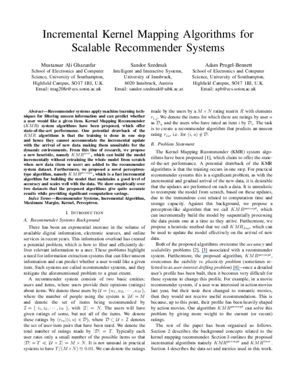 Pdf Incremental Kernel Mapping Algorithms For Scalable Recommender Systems