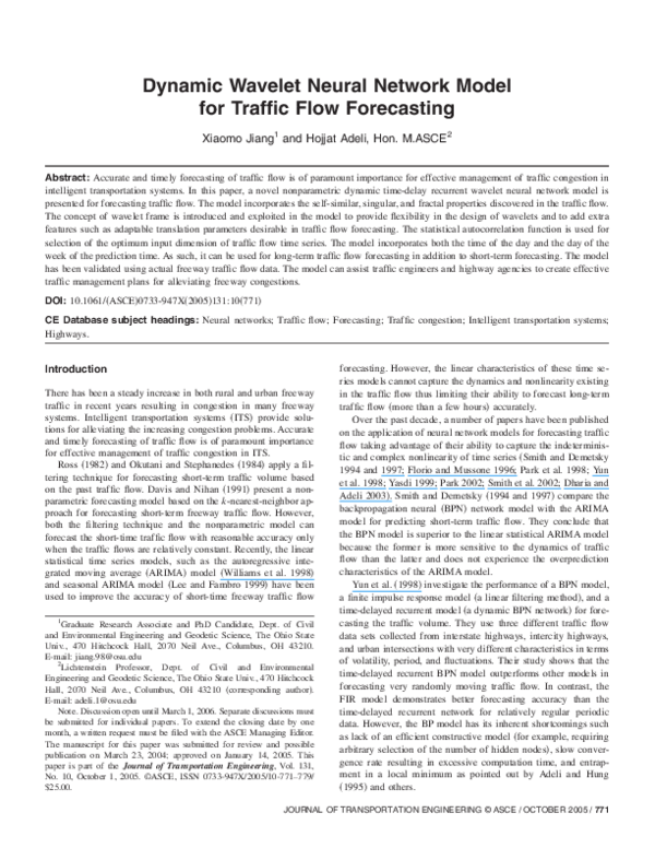 Pdf Dynamic Wavelet Neural Network Model For Traffic Flow Forecasting