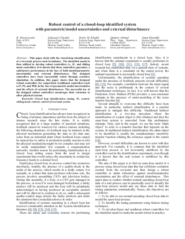 Pdf Robust Control Of A Closed Loop Identified System With Parametric