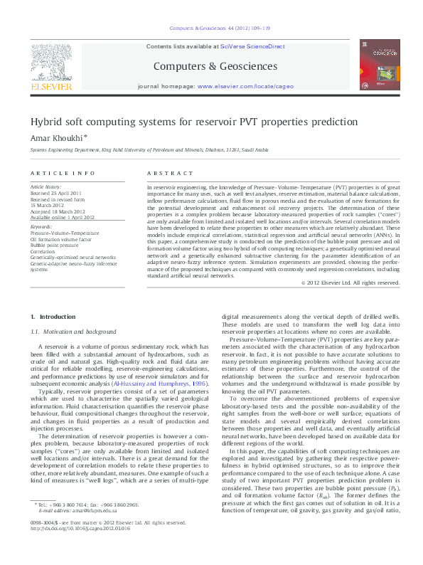 Pdf Hybrid Soft Computing Systems For Reservoir Pvt Properties Prediction