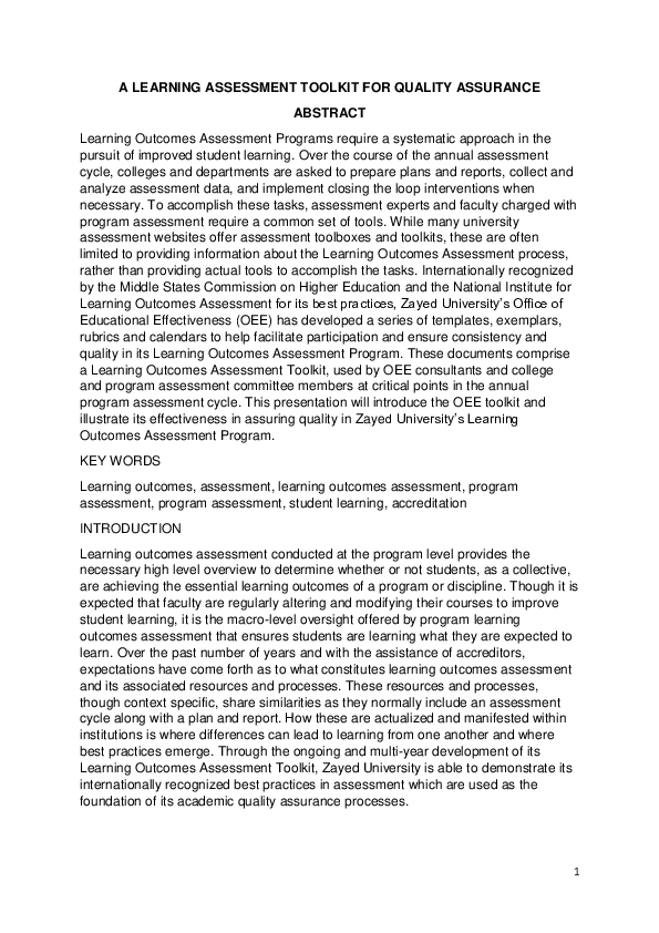 (PDF) A LEARNING ASSESSMENT TOOLKIT FOR QUALITY ASSURANCE