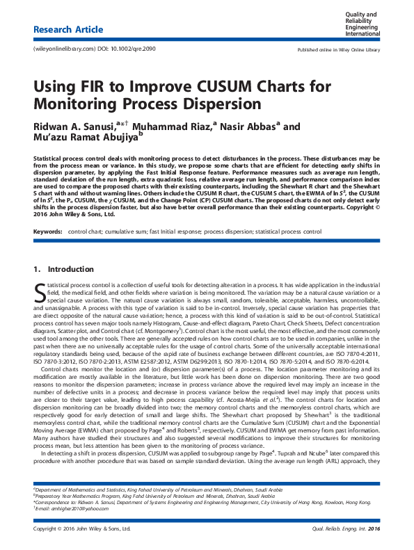 Using FIR to Improve CUSUM Charts for Monitoring Process Dispersion | Ridwan Sanusi - Academia.edu
