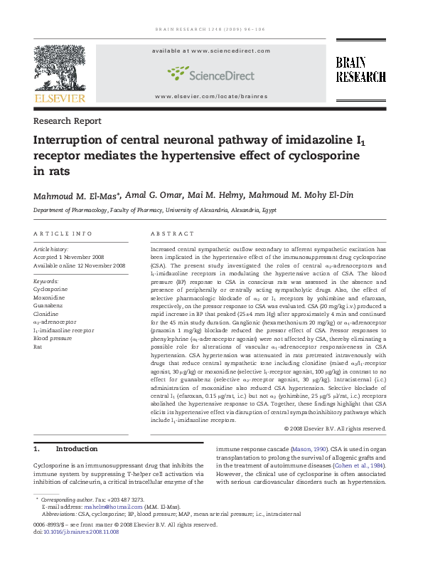 (PDF) Interruption of central neuronal pathway of imidazoline I 1 ...