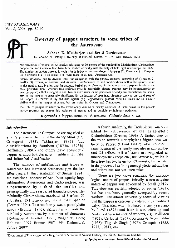 (PDF) DIVERSITY OF PAPPUS STRUCTURE IN SOME TRIBES OF THE ASTERACEAE