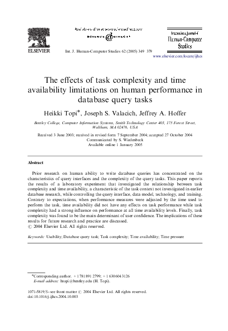 Pdf The Effects Of Task Complexity And Time Availability Limitations On Human Performance In