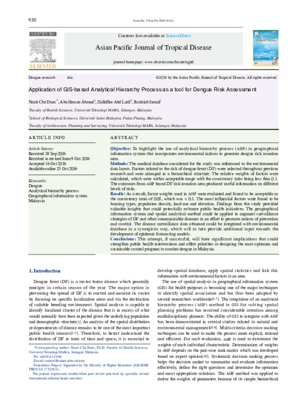 (PDF) Application of GIS-based Analytical Hierarchy Process as a tool for Dengue Risk Assessment ...