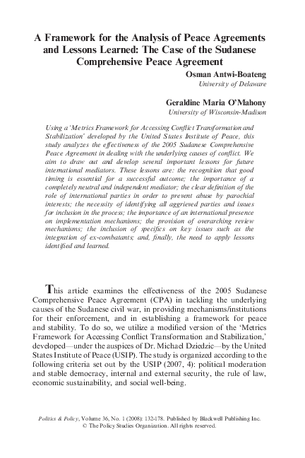 (PDF) A Framework for the Analysis of Peace Agreements and Lessons ...