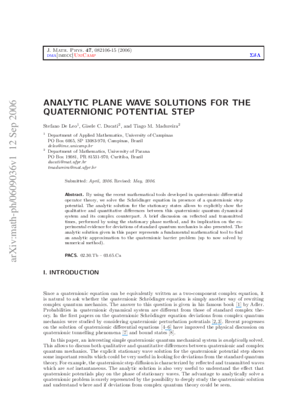 (PDF) Analytic plane wave solutions for the quaternionic potential step