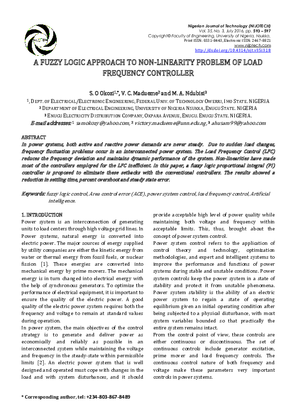 A FUZZY LOGIC APPROACH TO NON-LINEARITY PROBLEM OF LOAD FREQUENCY ... A FUZZY LOGIC APPROACH TO NON-LINEARITY PROBLEM OF LOAD FREQUENCY ...
