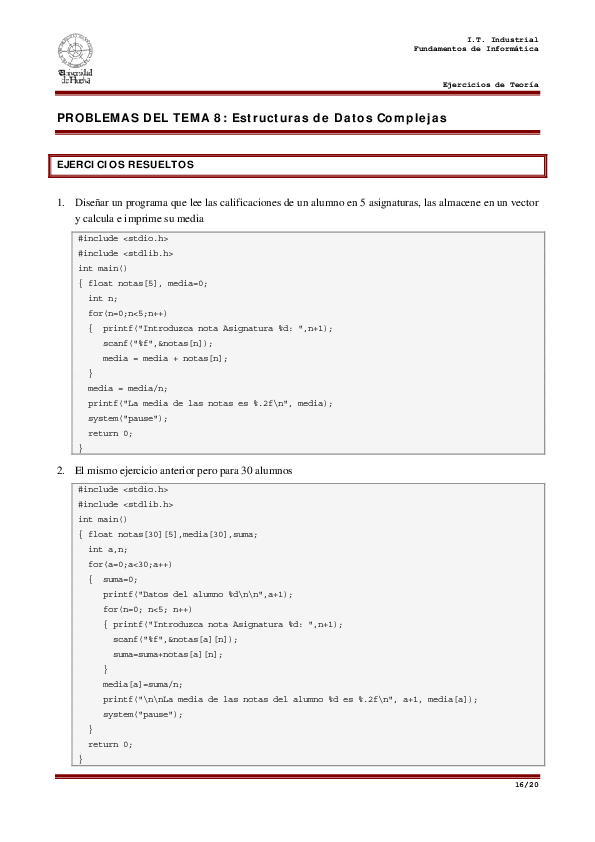 (PDF) PROBLEMAS DEL TEMA 8: Estructuras de Datos Complejas
