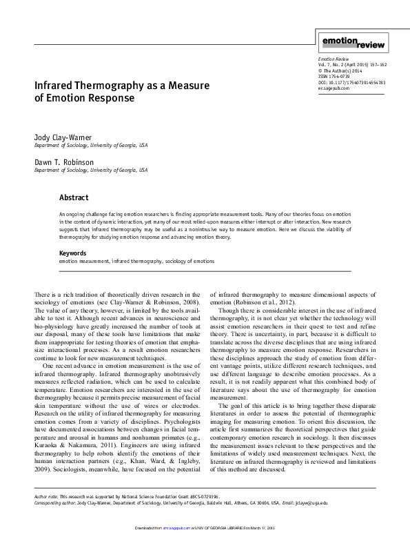 (PDF) Infrared Thermography as a Measure of Emotion Response