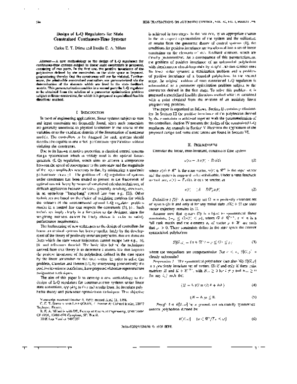 (PDF) Design of LQ regulators for state constrained continuous-time systems