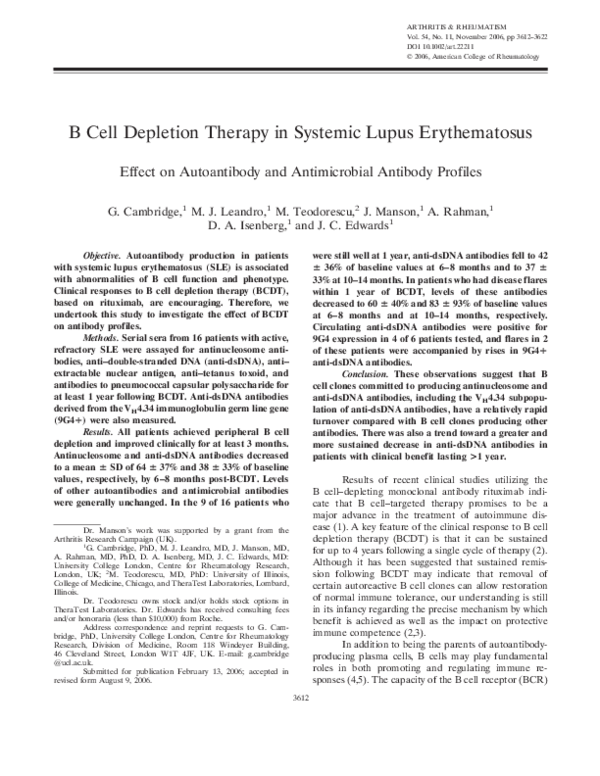 (PDF) B cell depletion therapy in systemic lupus erythematosus: Effect ...
