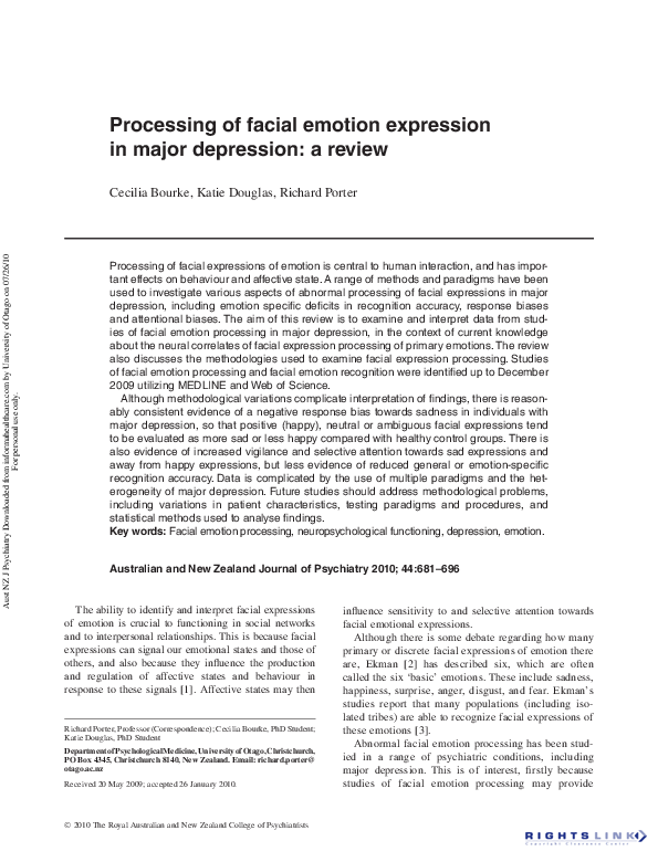 (PDF) Processing of facial emotion expression in major depression: a review