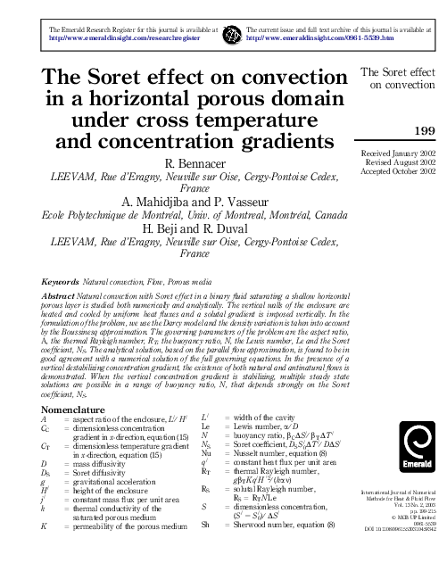 (PDF) The Soret effect on convection in a horizontal porous domain under cross temperature and ...