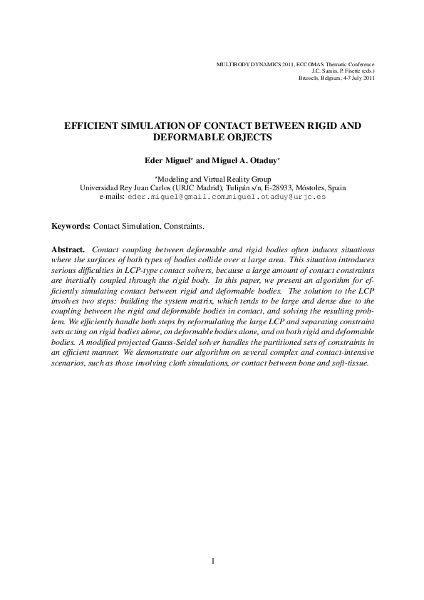 Pdf Efficient Simulation Of Contact Between Rigid And Deformable Objects