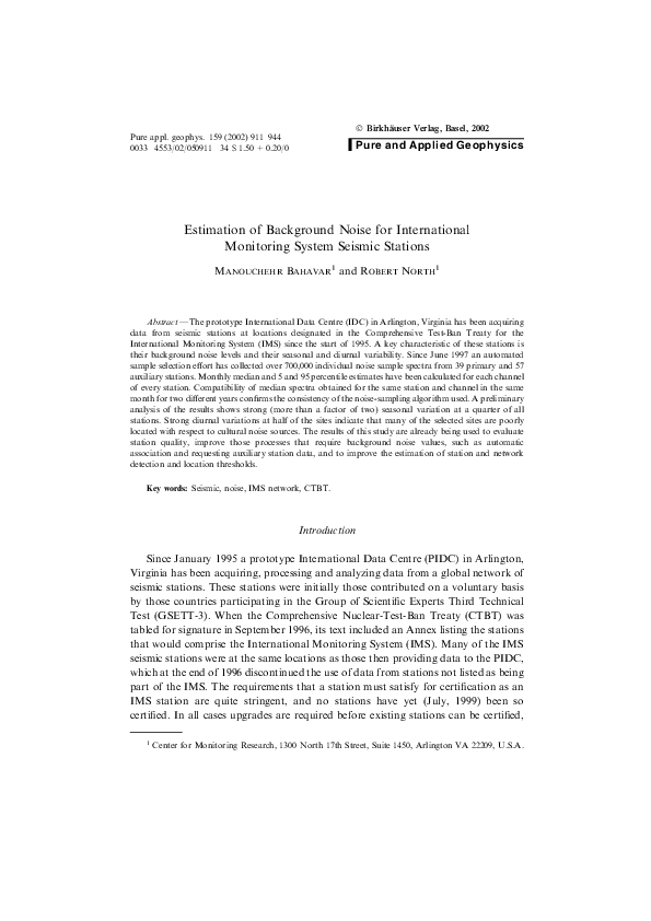 (PDF) Estimation of Background Noise for International Monitoring System Seismic Stations | M ...