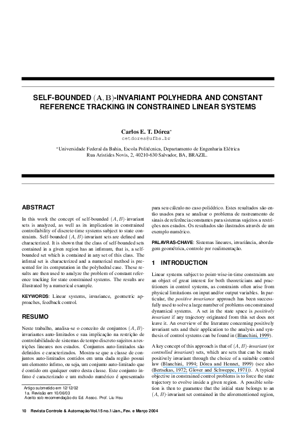 (PDF) Self-bounded (A,B)-invariant polyhedra and constant reference tracking in constrained ...
