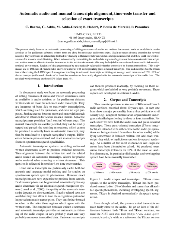 (PDF) Automatic audio and manual transcripts alignment, time-code ...
