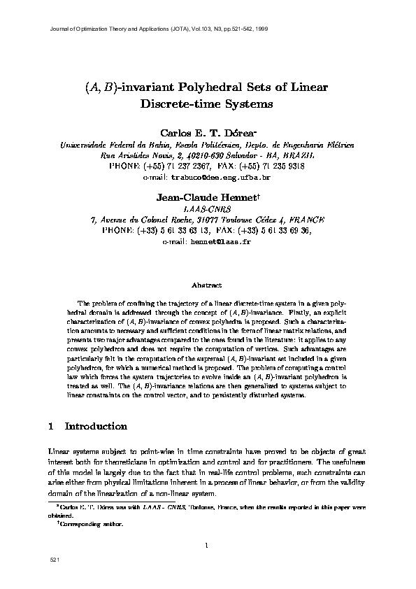 (PDF) A , B )Invariant Polyhedral Sets of Linear Discrete-Time Systems