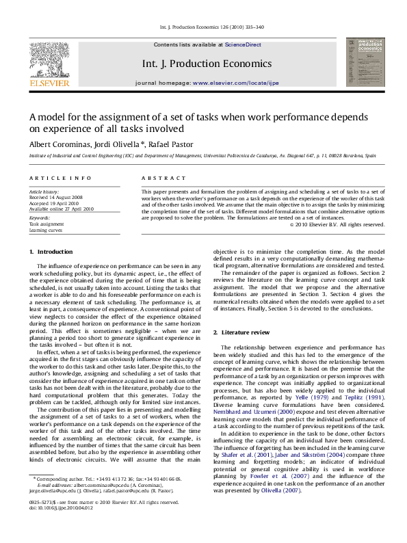 (PDF) A model for the assignment of a set of tasks when work ...