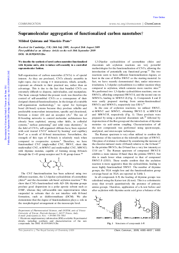 (PDF) Supramolecular aggregation of functionalized carbon nanotubes