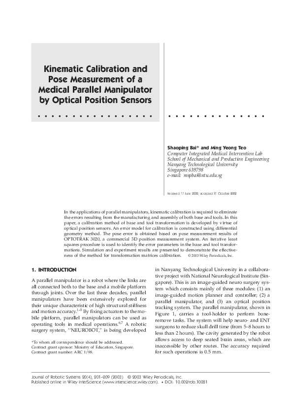 (PDF) Kinematic calibration and pose measurement of a medical parallel manipulator by optical ...
