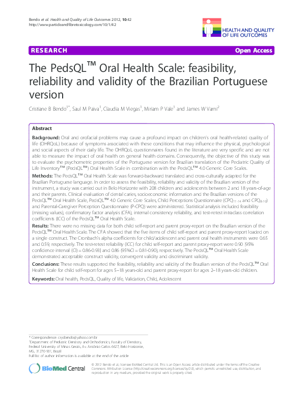 (PDF) The PedsQL™ Oral Health Scale: feasibility, reliability and ...