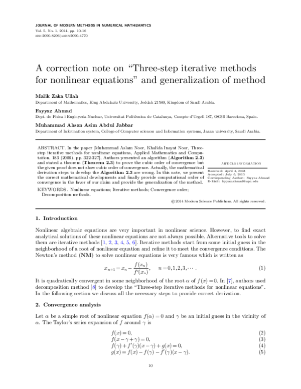 Pdf A Correction Note On Three Step Iterative Methods For Nonlinear Equations And 1495