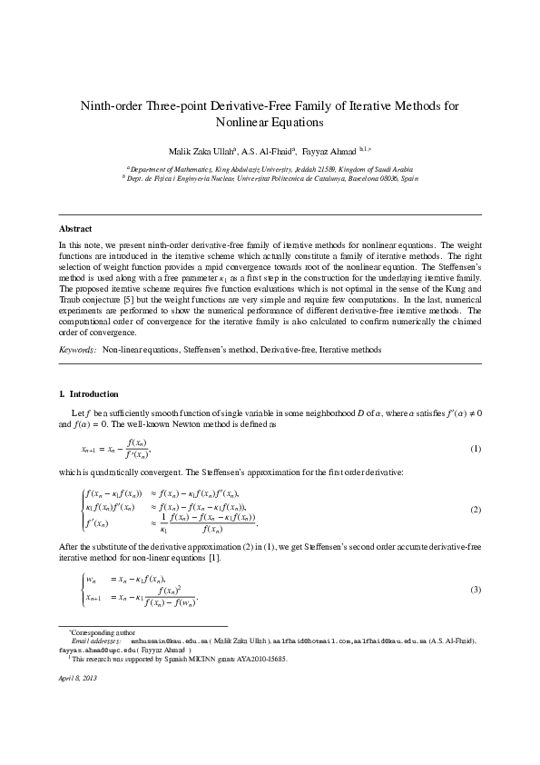 (PDF) Ninth-order Three-point Derivative-Free Family of Iterative Methods for Nonlinear Equations
