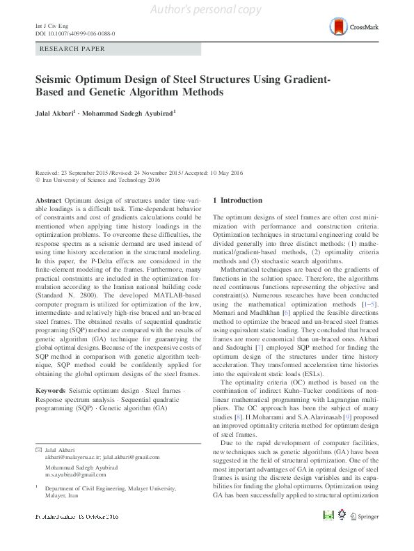 Pdf Seismic Optimum Design Of Steel Structures Using Gradient Based And Genetic Algorithm Methods