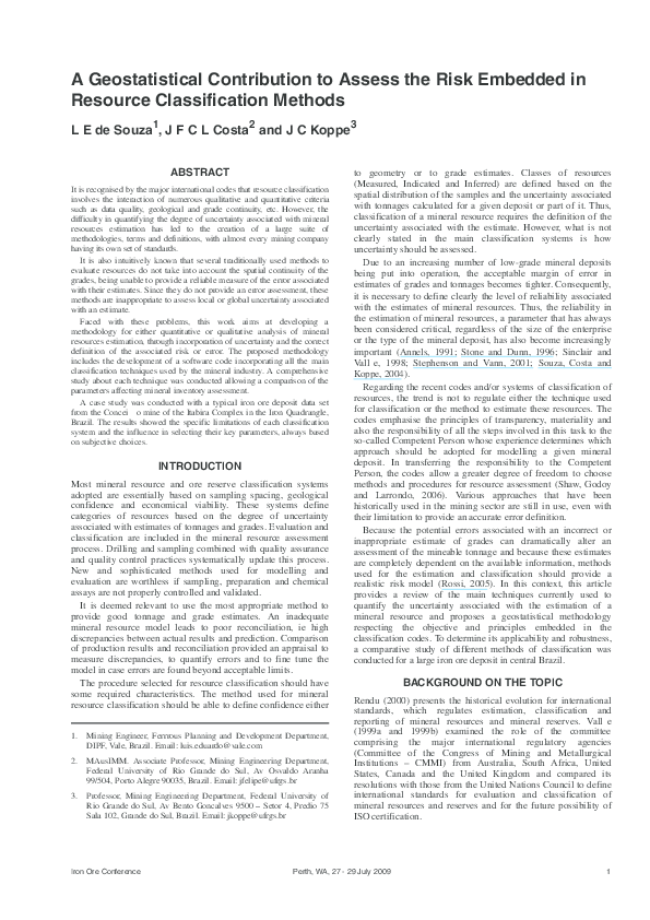 (PDF) A Geostatistical Contribution to Assess the Risk Embedded in Resource Classification Methods