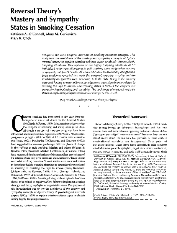 (PDF) Reversal Theory's Mastery and Sympathy States in Smoking Cessation