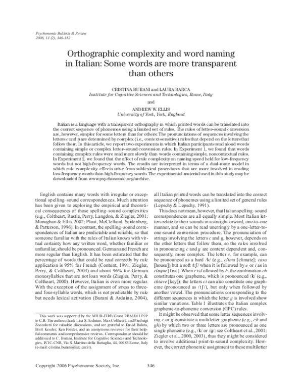 (PDF) Orthographic complexity and word naming in Italian: Some words are more transparent than ...