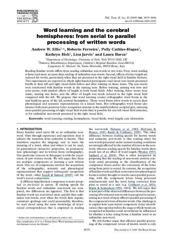 (PDF) Word learning and the cerebral hemispheres: from serial to ...