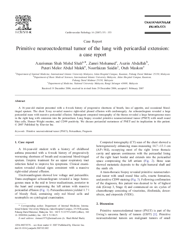 Pdf Primitive Neuroectodermal Tumor Of The Lung With Pericardial Extension A Case Report