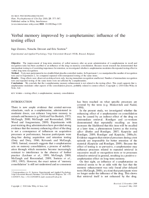 (PDF) D-Amphetamine's Role in Verbal Memory Retention Effects