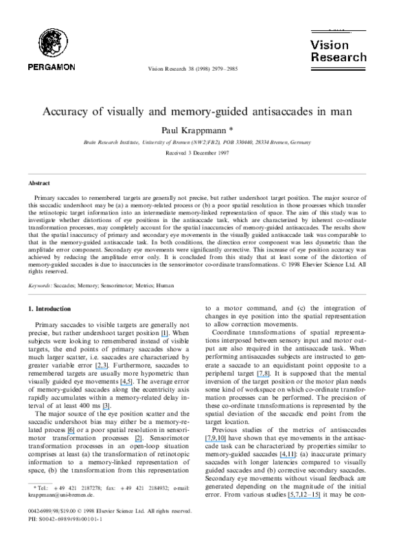 (PDF) Accuracy of visually and memory-guided antisaccades in man