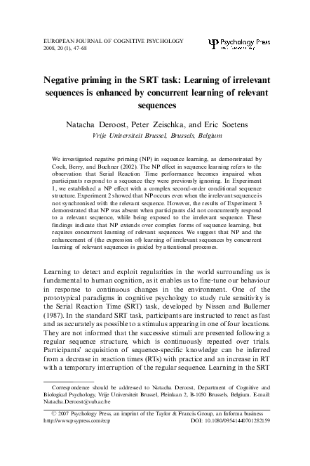 (PDF) Negative priming in the SRT task: Learning of irrelevant sequences is enhanced by ...