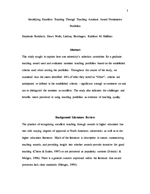 (PDF) Identifying Excellent Teaching through Teaching Assistant Award ...