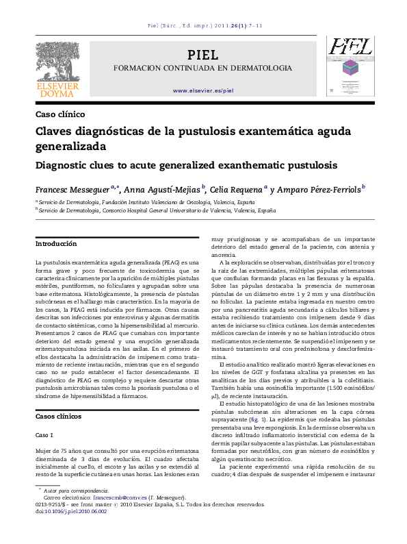 (PDF) Claves diagnósticas de la pustulosis exantemática aguda generalizada